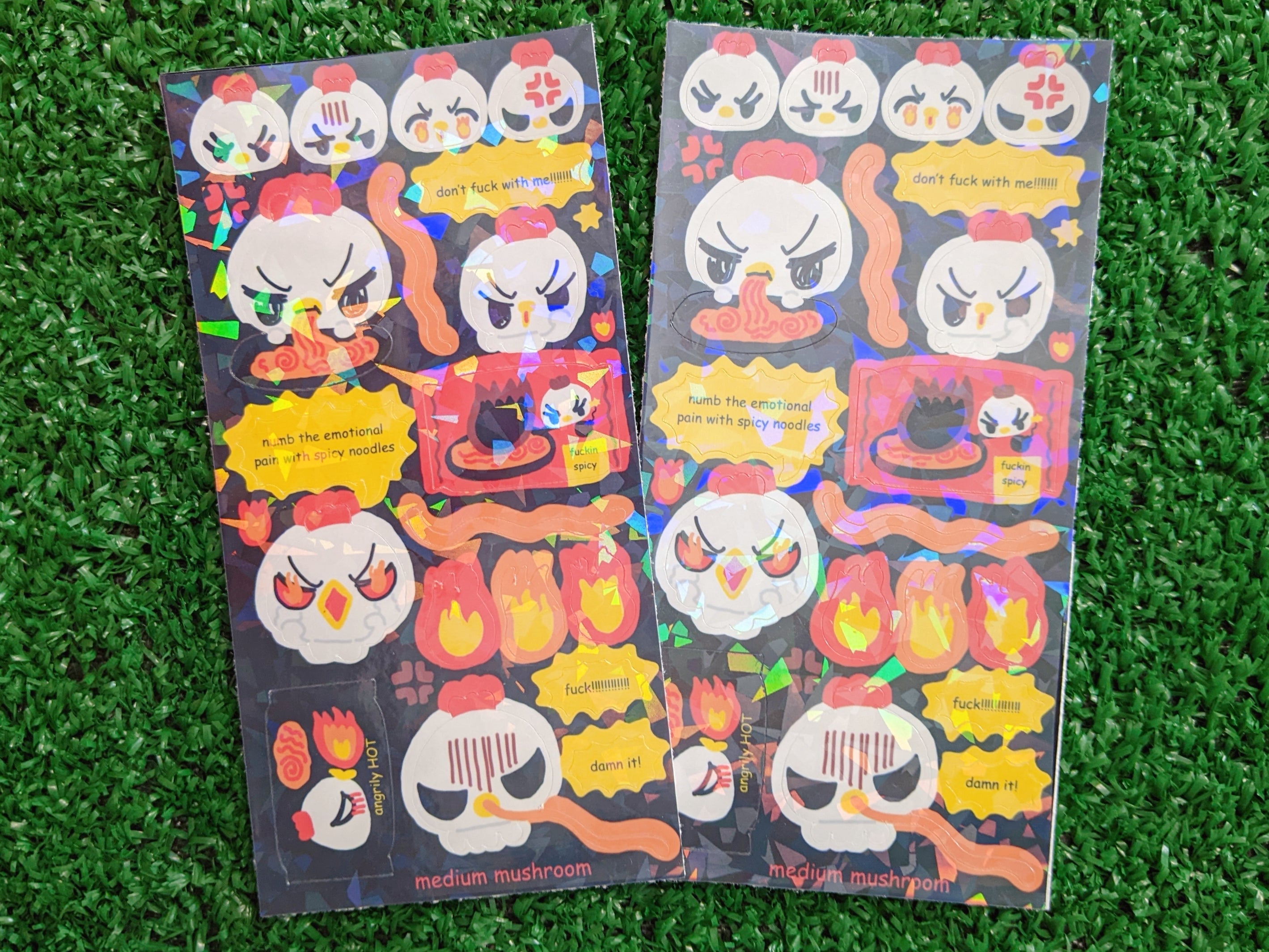 angry spicy noodles holographic sticker sheet – medium mushroom